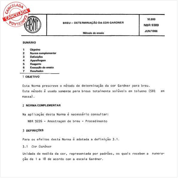 ABNT NBR 9389 NBR9389 Breu - Determinação da cor Gardner