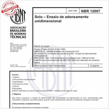 ABNT NBR 12007 NBR12007 Solo - Ensaio de adensamento unidimensional