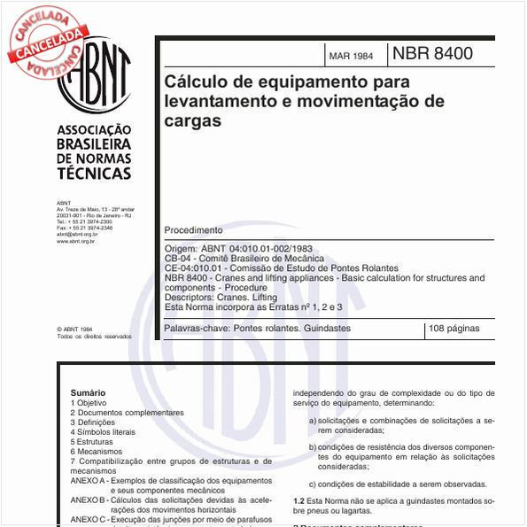 Target Normas: ABNT NBR 8400 NBR8400 Cálculo de equipamento