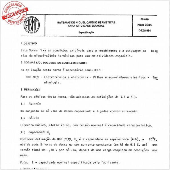 Target Normas: ABNT NBR 8684 NBR8684 Baterias níquel-cadmio