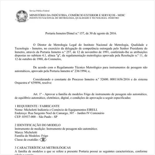 Portaria DIMEL/INMETRO 157:2016